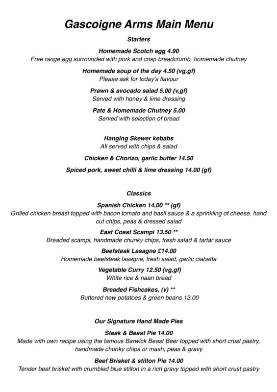 Menu - The Gascoigne Arms
